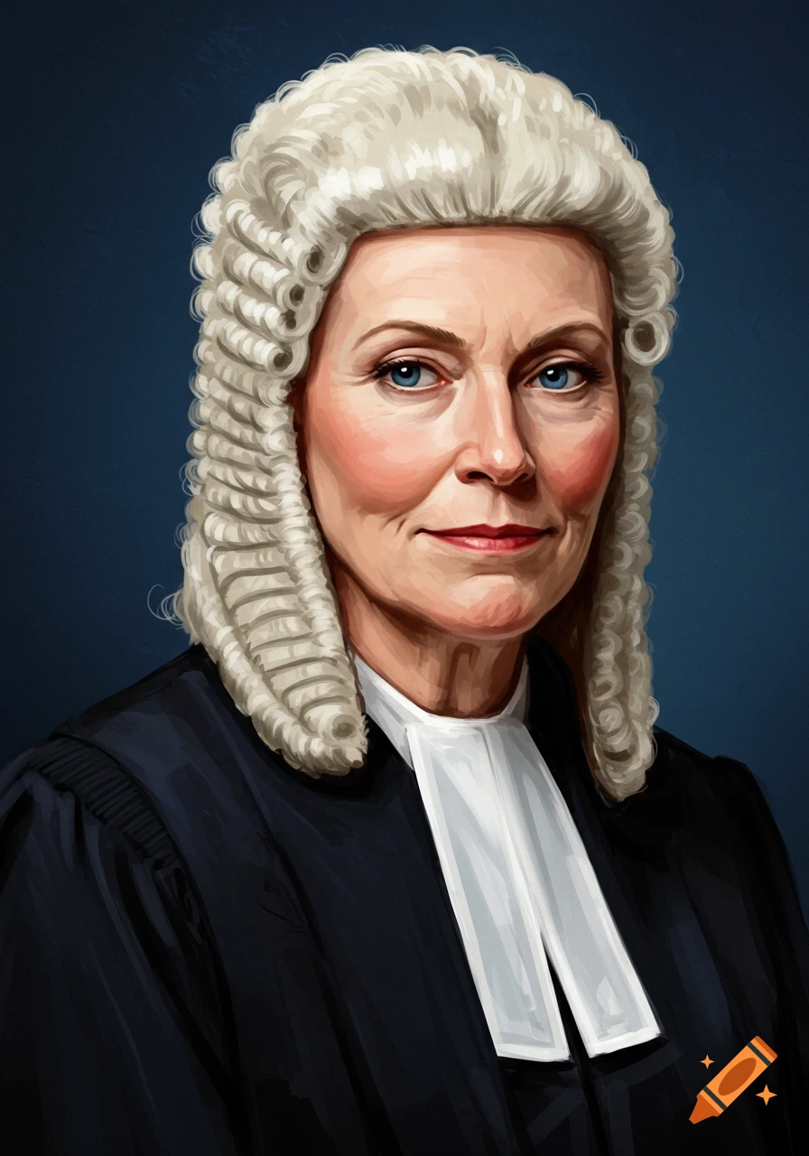 A detailed portrait of a white woman judge in a black robe and a white ...