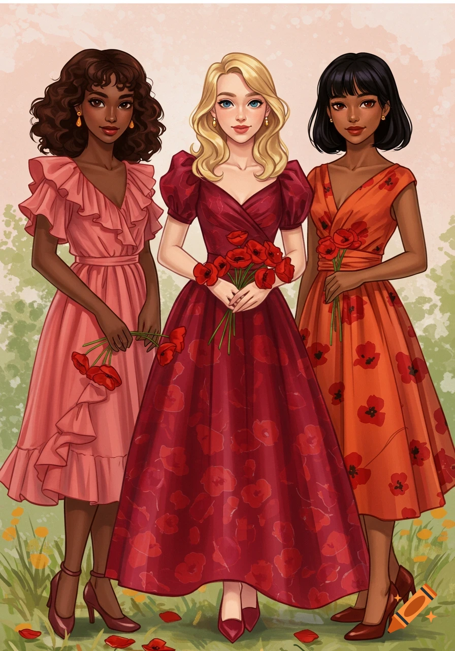 Three ethnically diverse women in flowy dresses with poppy patterns ...
