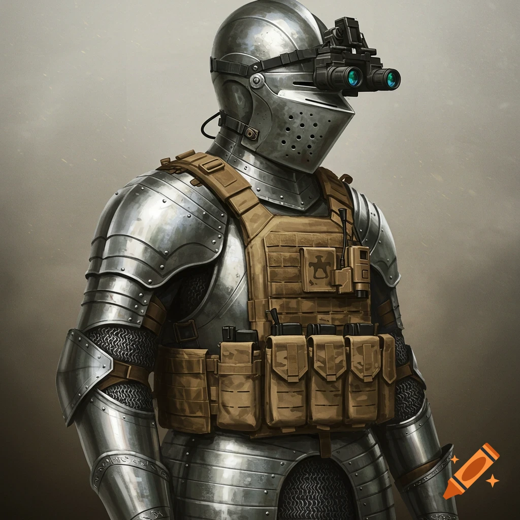 A knight in medieval armor and modern military tactical gear with night ...