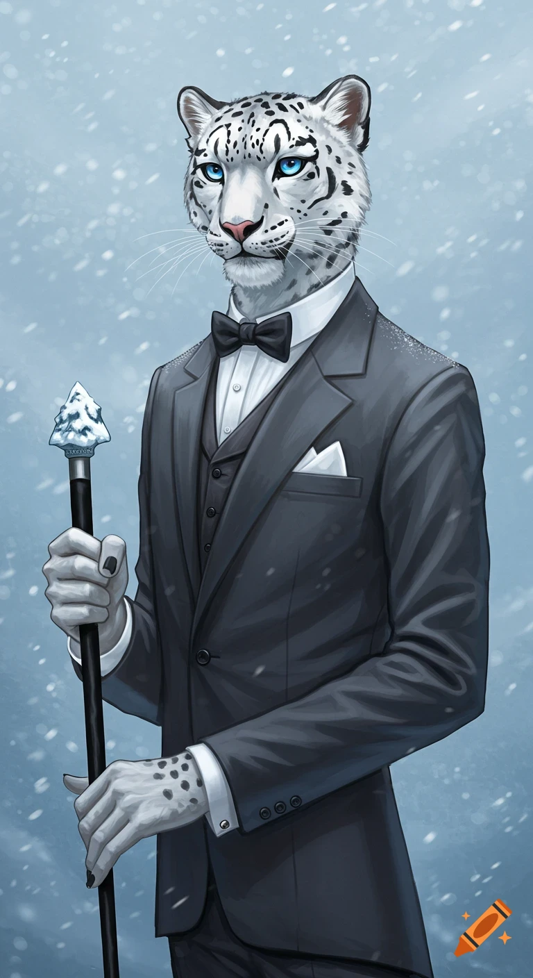 Anthropomorphic snow leopard in a tuxedo holding a cane on Craiyon