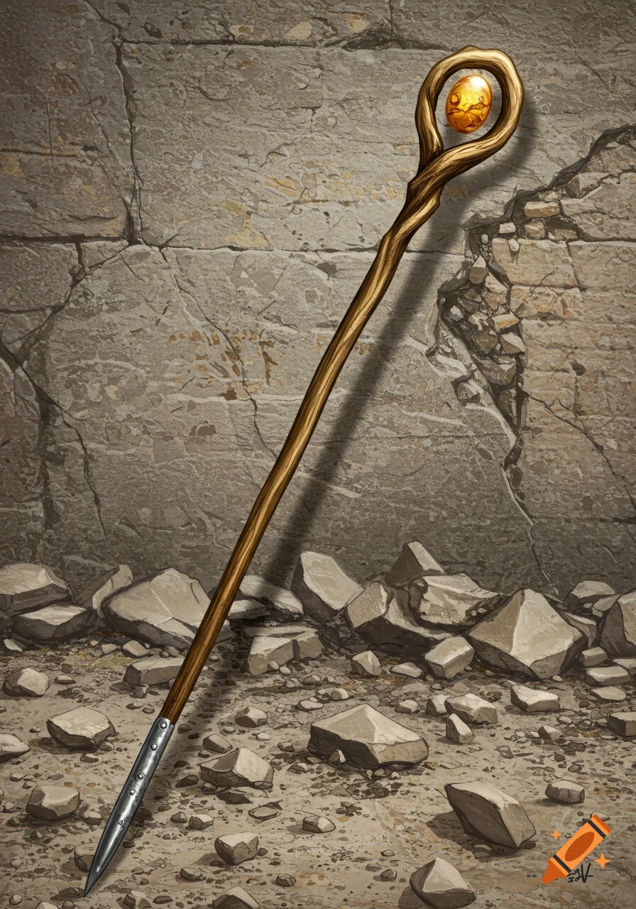 A detailed illustration of a wooden staff with a pointed metal tip and ...