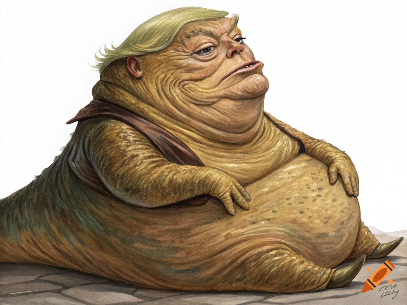 Caricature of Jabba the Hutt with the face and hair of Donald Trump ...