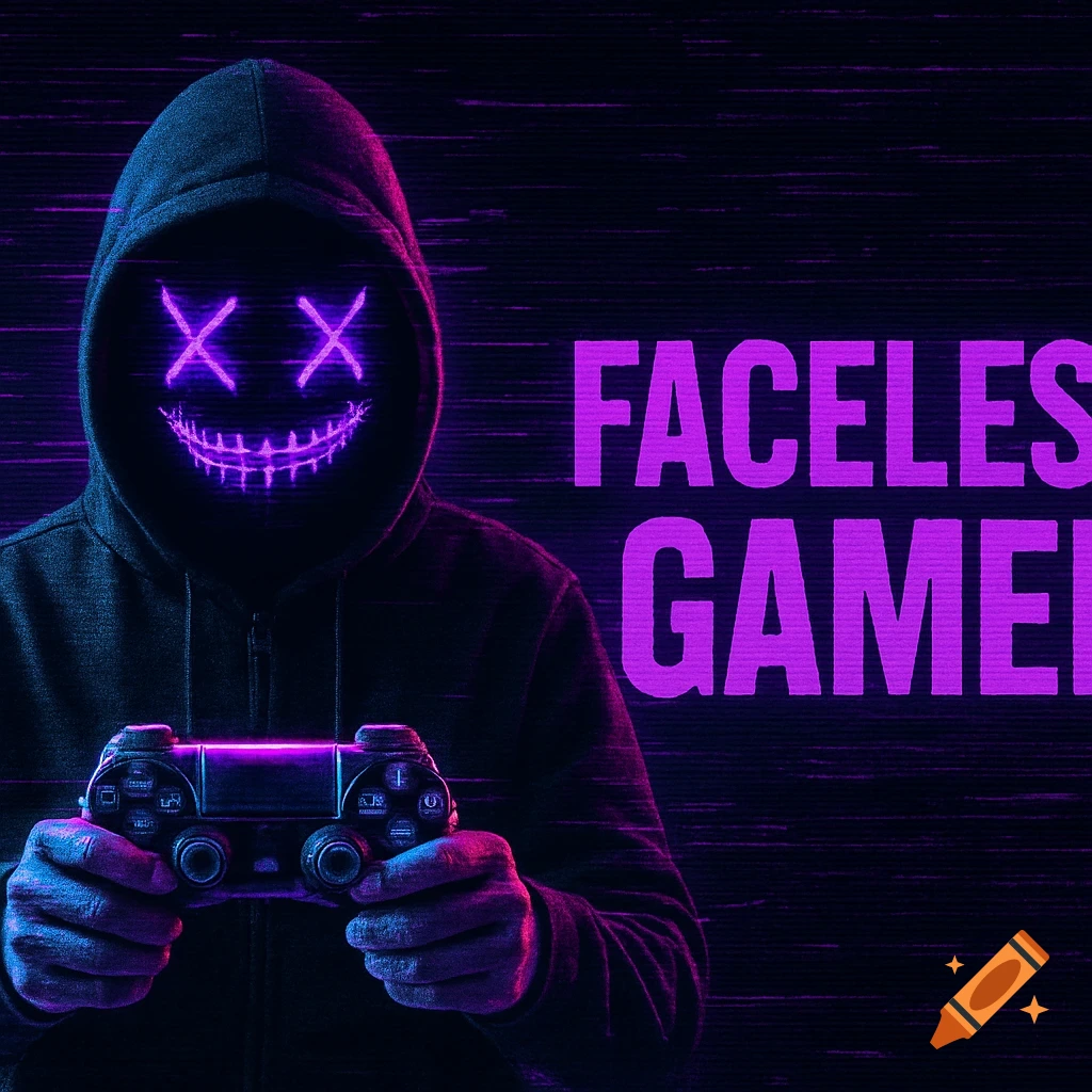 A hooded figure with a glowing purple glitch mask holds a futuristic ...