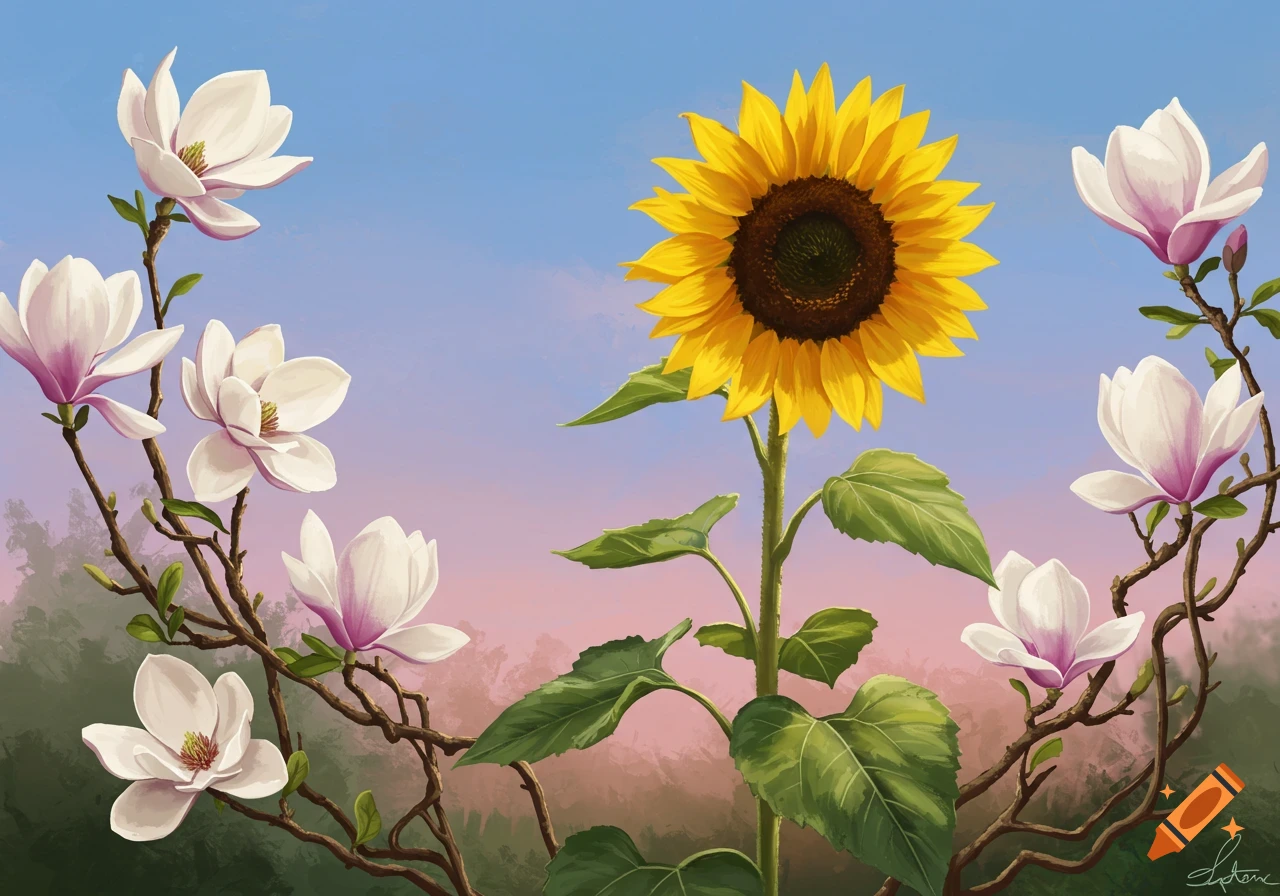 Digital painting of a sunflower flanked by white magnolia flowers ...