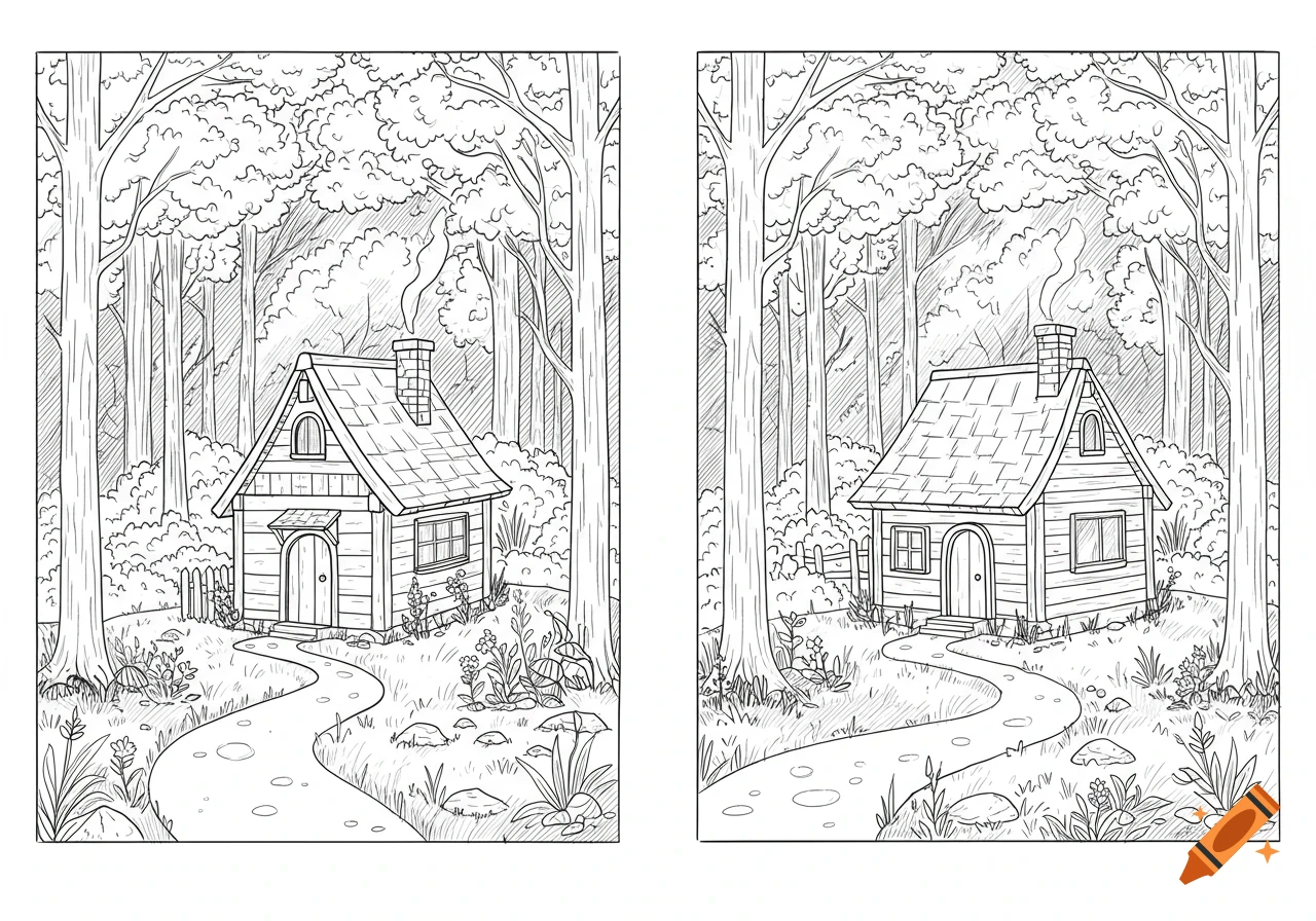 Two side-by-side line drawings of a small cottage in a dense forest ...