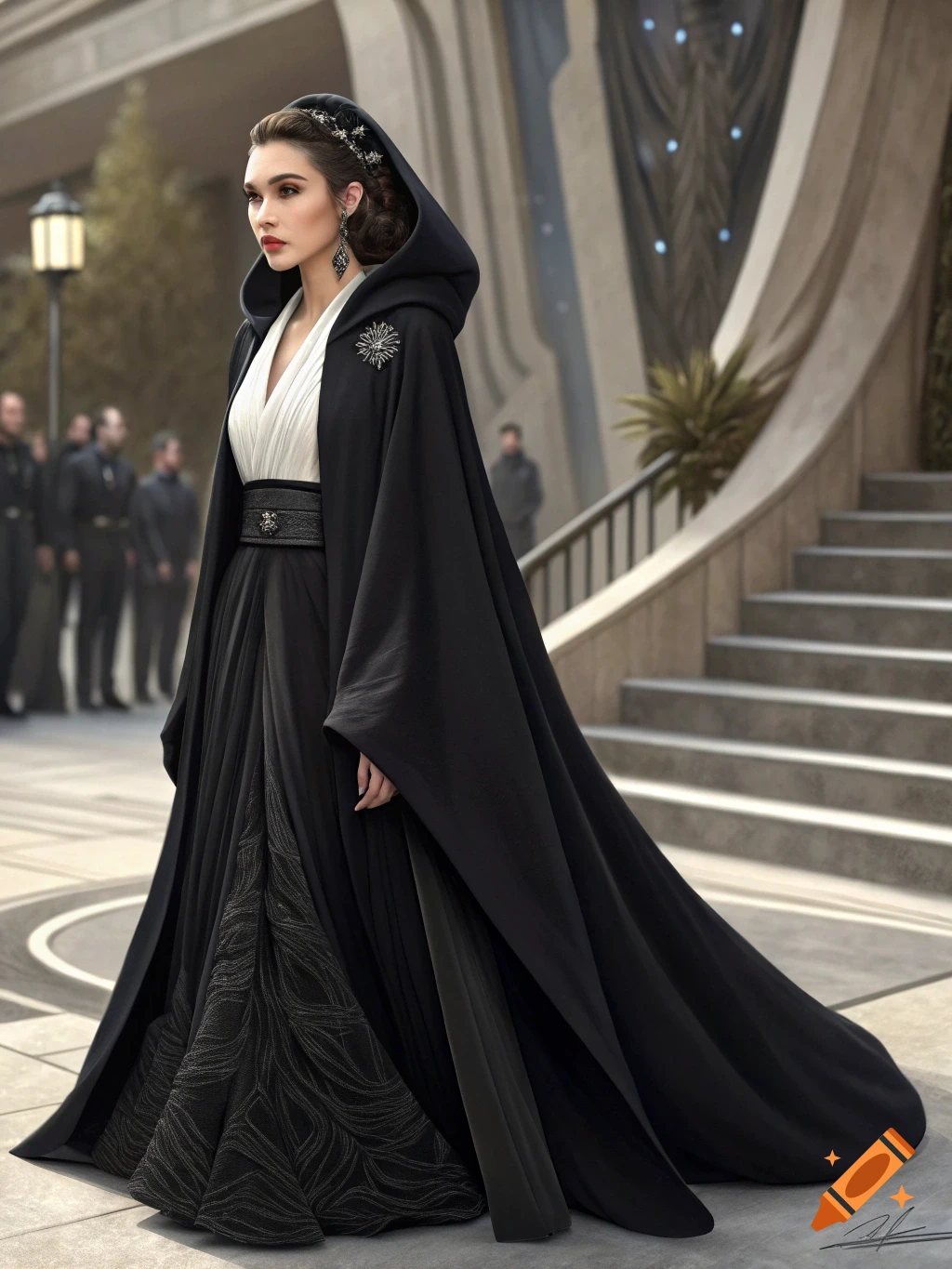 A woman in an elegant black hooded cloak and flowing black and white ...