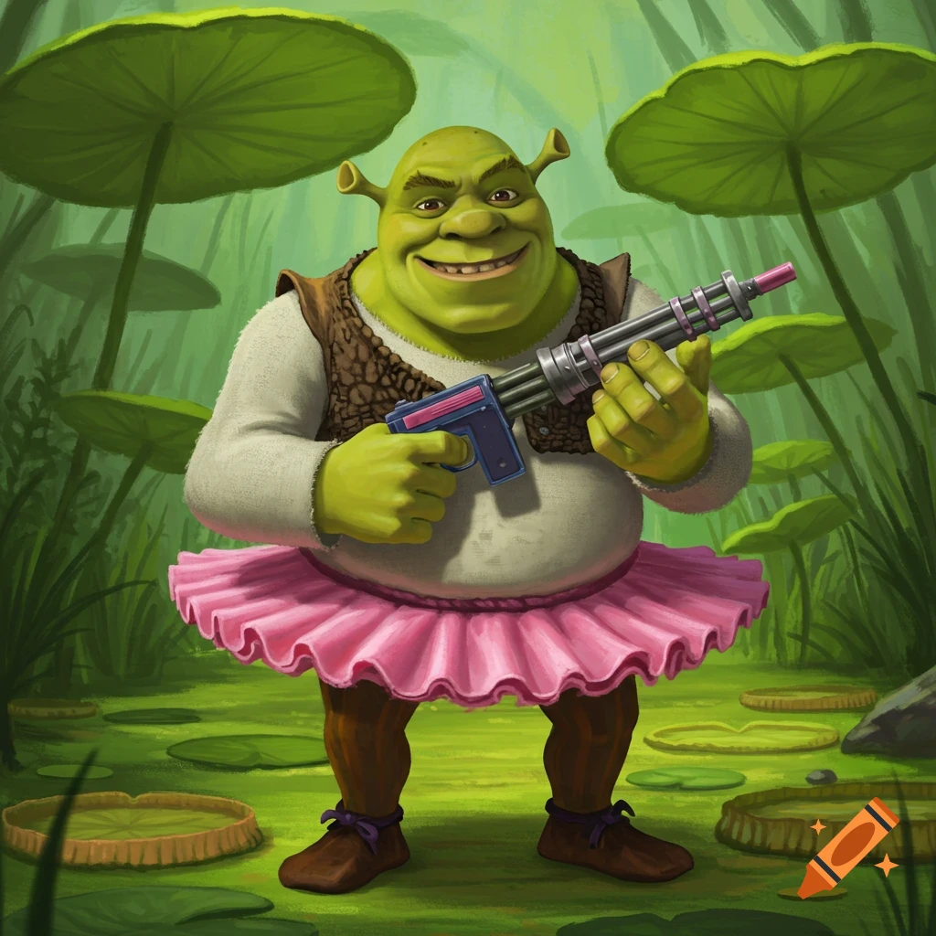 Shrek in a pink tutu holds a futuristic minigun in a swampy forest on ...