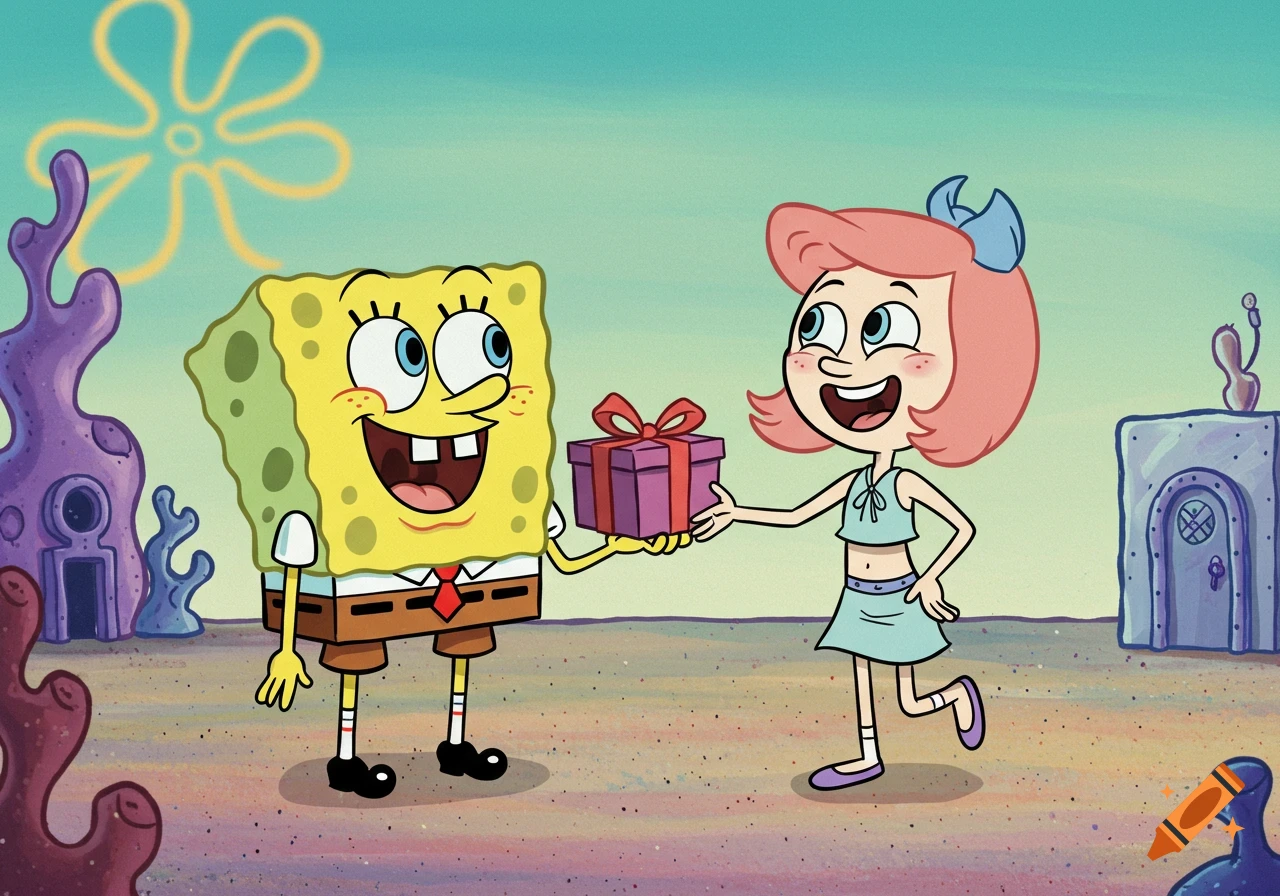 Spongebob Squarepants gives a gift box to a pink-haired cartoon girl ...