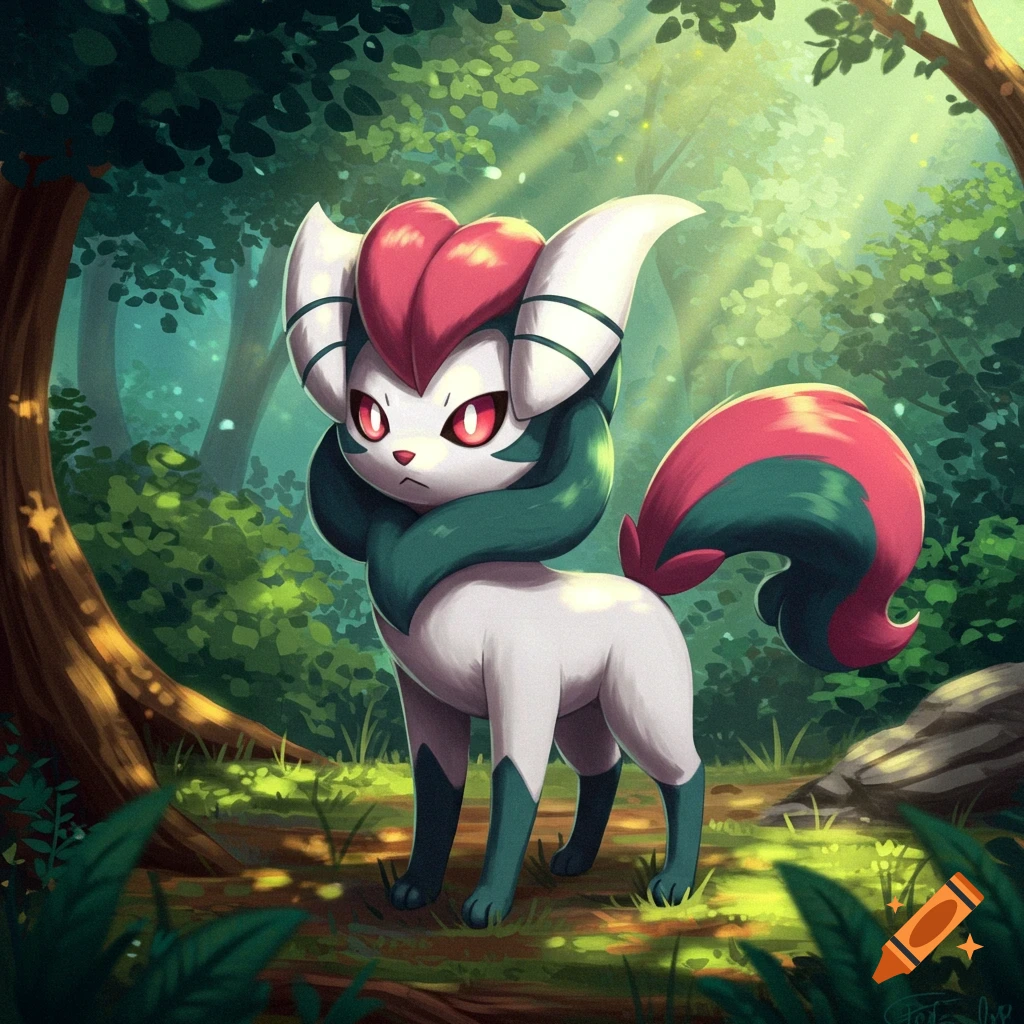 A green and pink fox-like creature with horns stands in a sun-dappled ...