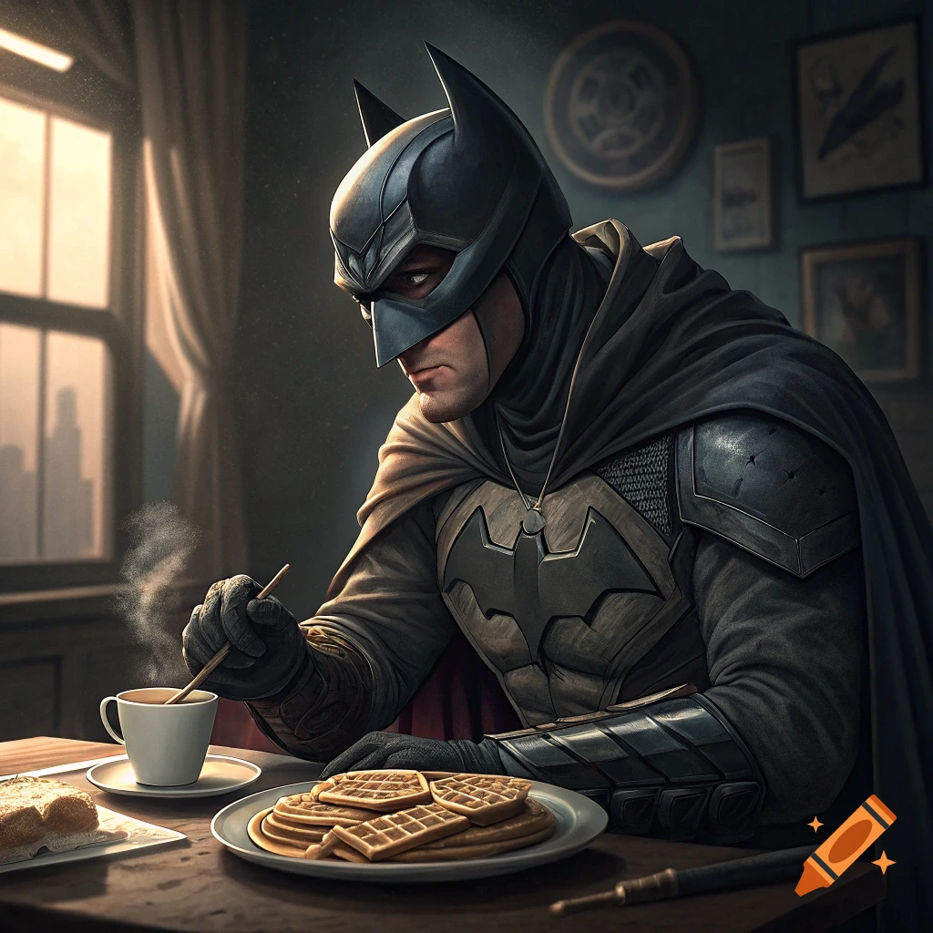 Photorealistic Batman in his suit and cowl, eating waffles and drinking ...