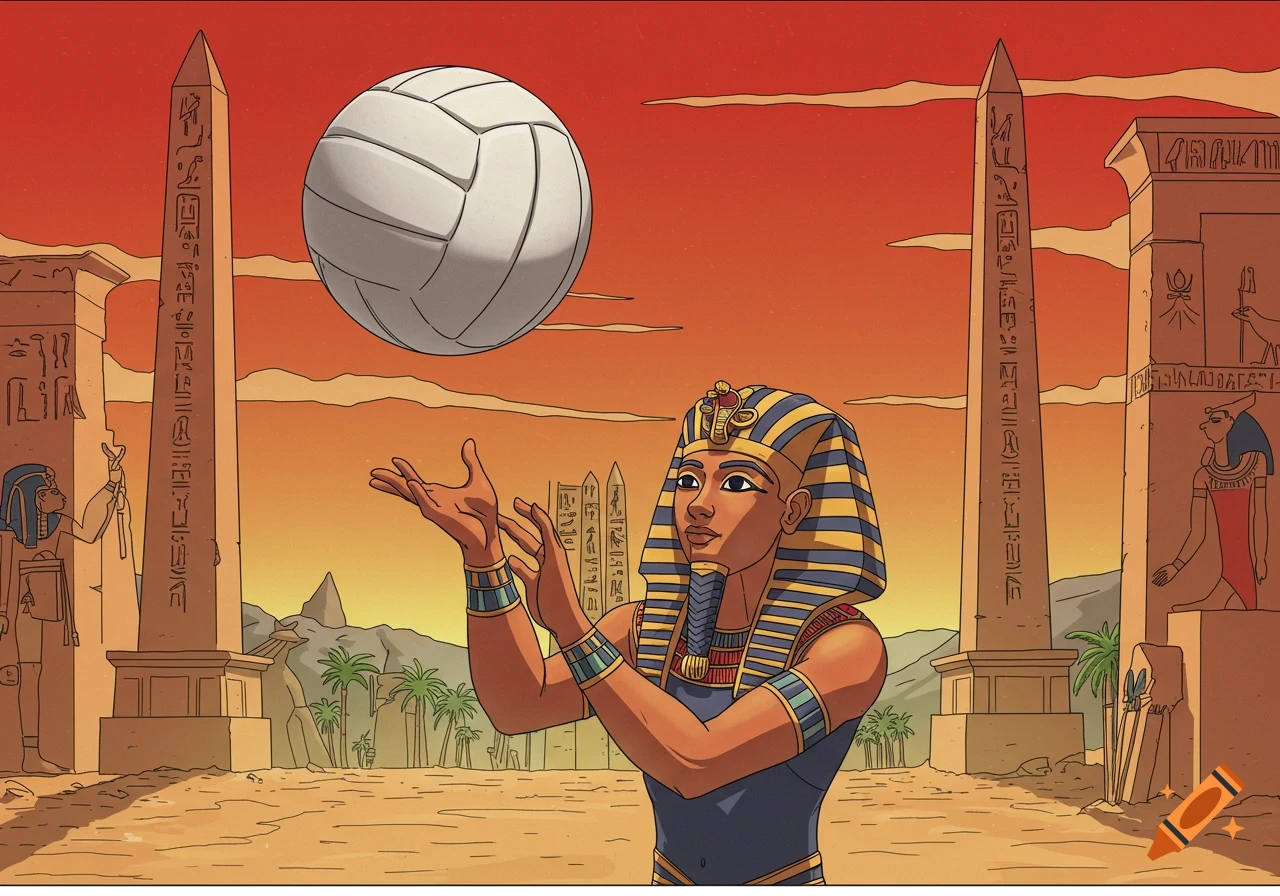 A pharaoh in ancient Egyptian attire reaching for a volleyball between ...