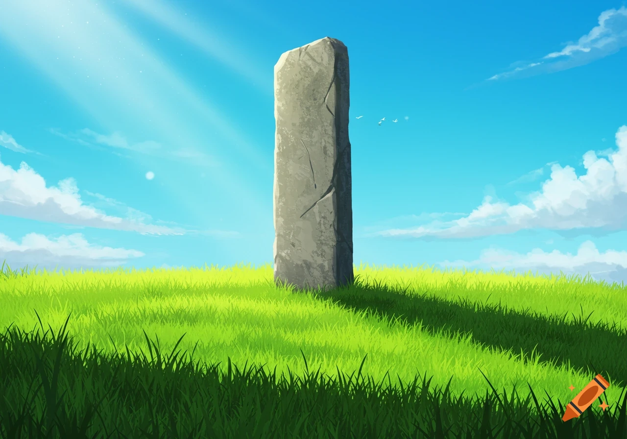A tall rectangular stone monument stands in a vibrant green grassy ...