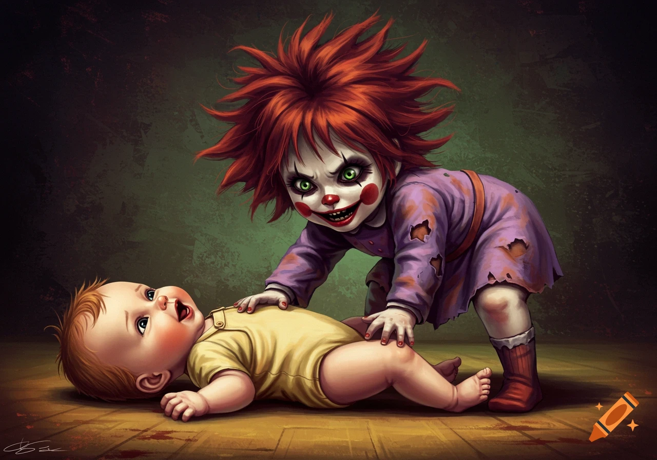 A grotesque baby clown illustration with spiky red hair and sharp teeth ...