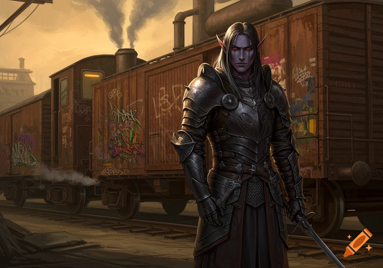 A dark elf (drow) in black armor stands in front of a rusty train ...