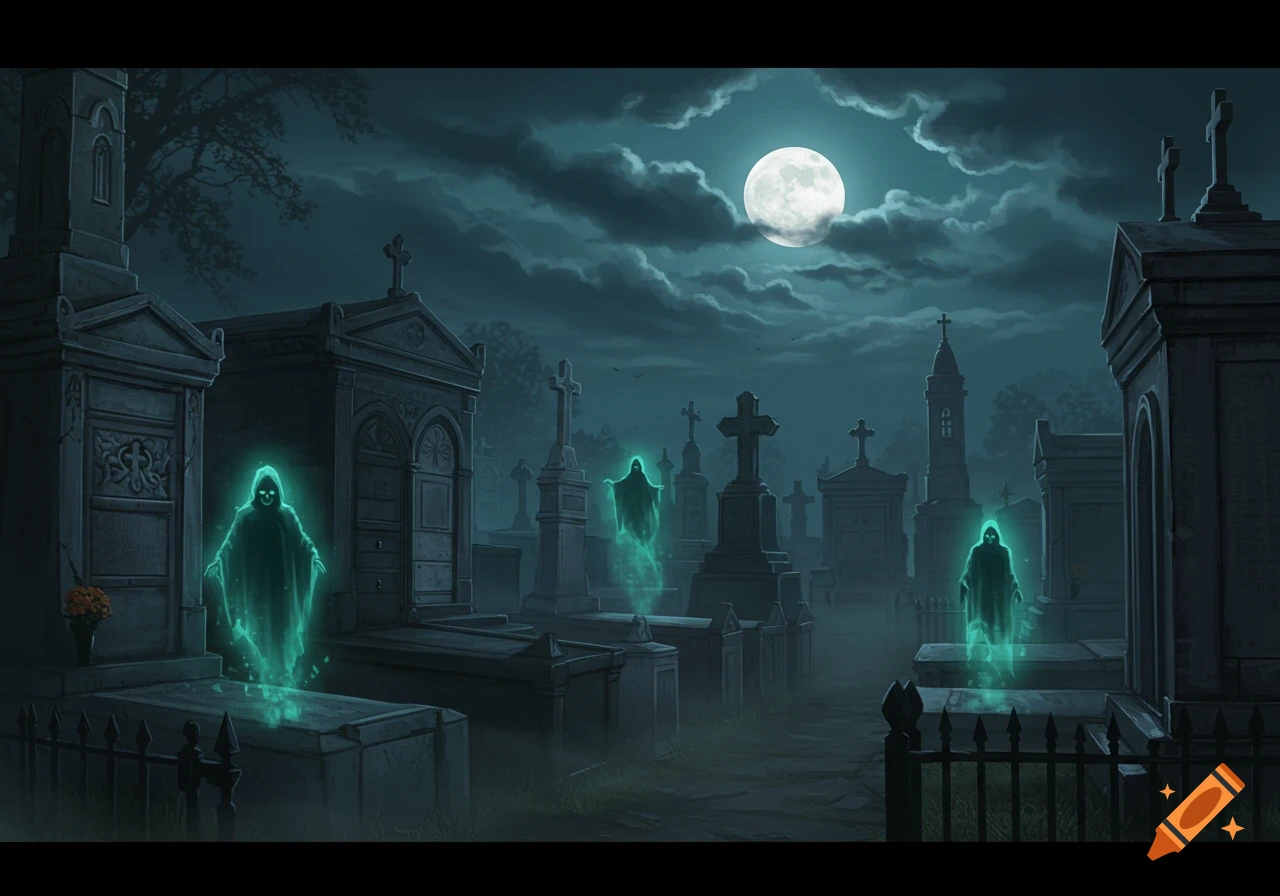 Eerie night scene of a full moon over a cemetery, with glowing green spirits hovering among ...
