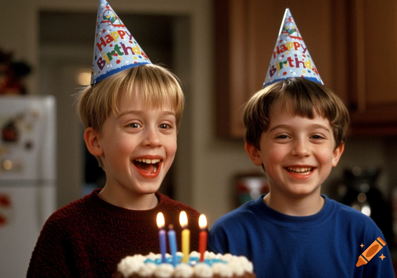 Two smiling boys in party hats looking at a birthday cake with lit ...