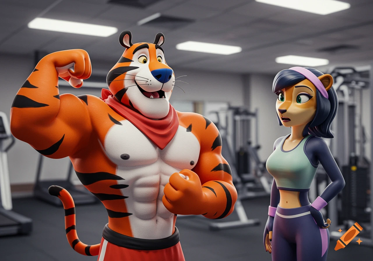A 3D illustration of Tony the Tiger flexing his muscles for an ...