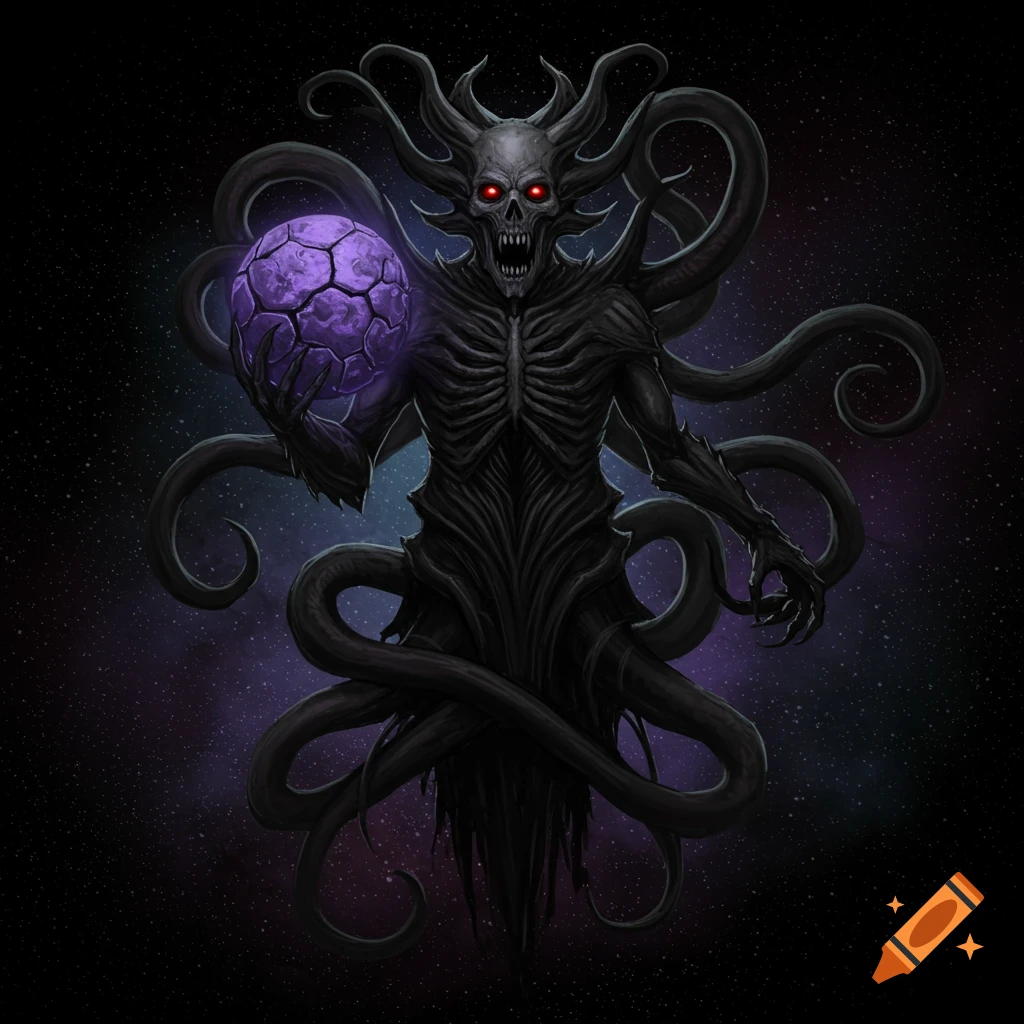 A skeletal cosmic horror alien with glowing red eyes, shadowy tendrils ...