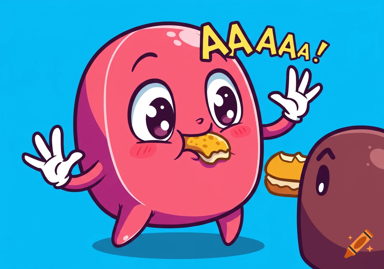 Cartoon character eating a cookie and yelling 'AAAAA!'. on Craiyon