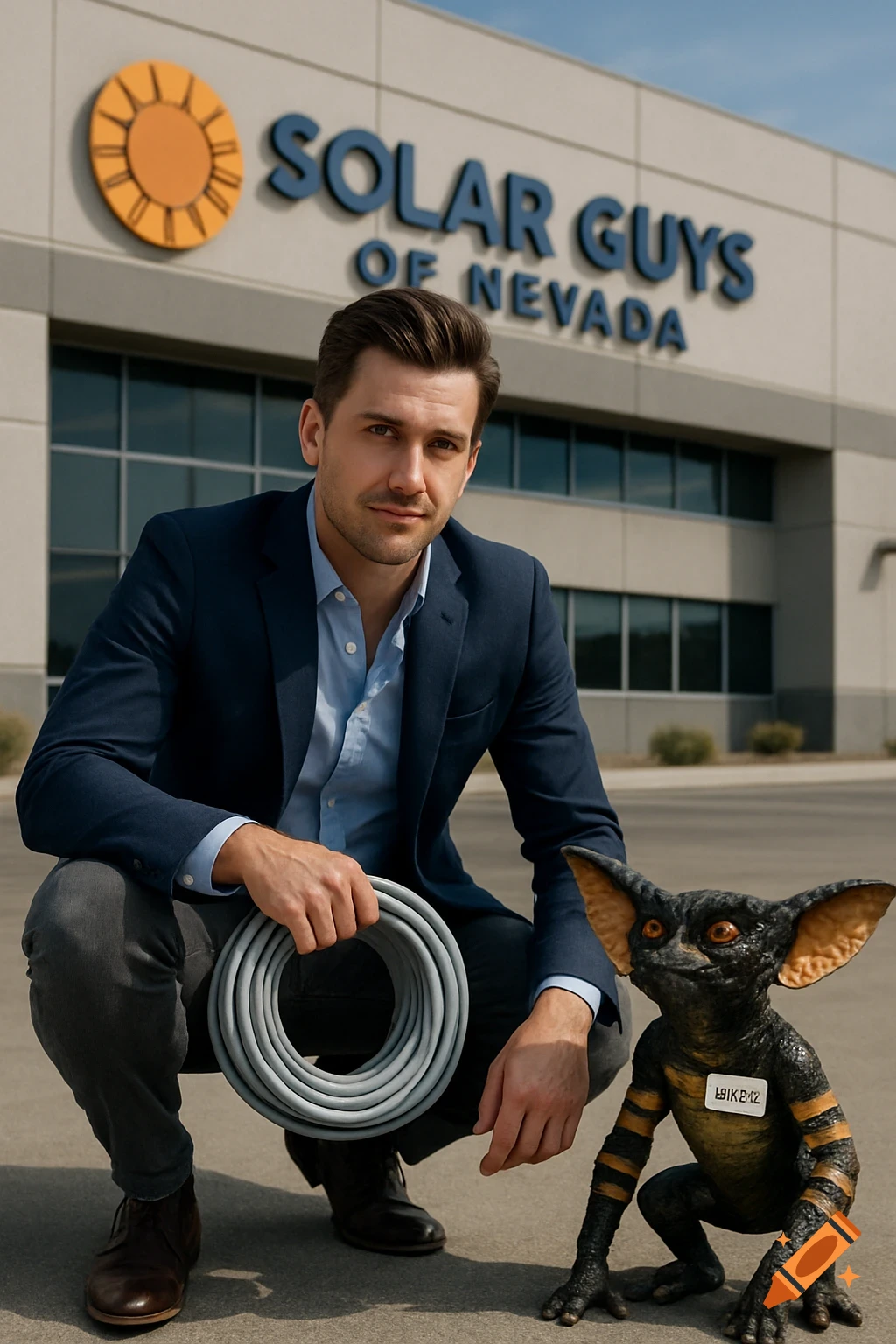 A confident man crouches with a roll of electrical wire next to a ...