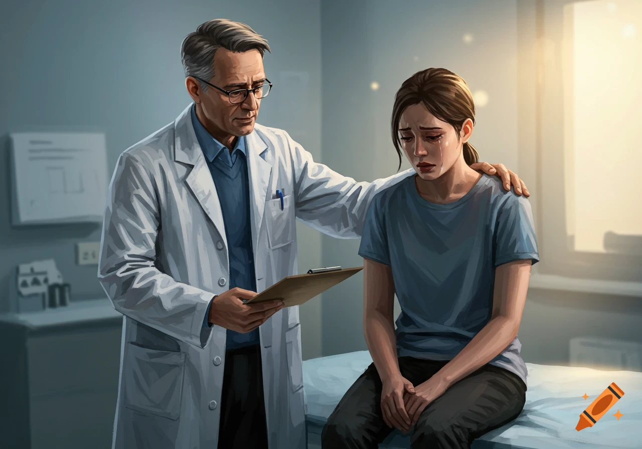 Doctor comforts a crying patient sitting on an examination table in a ...