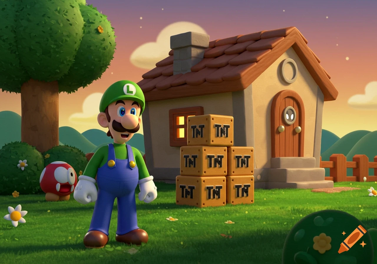 Luigi stands in a cartoonish grassy field at sunset, next to a small ...