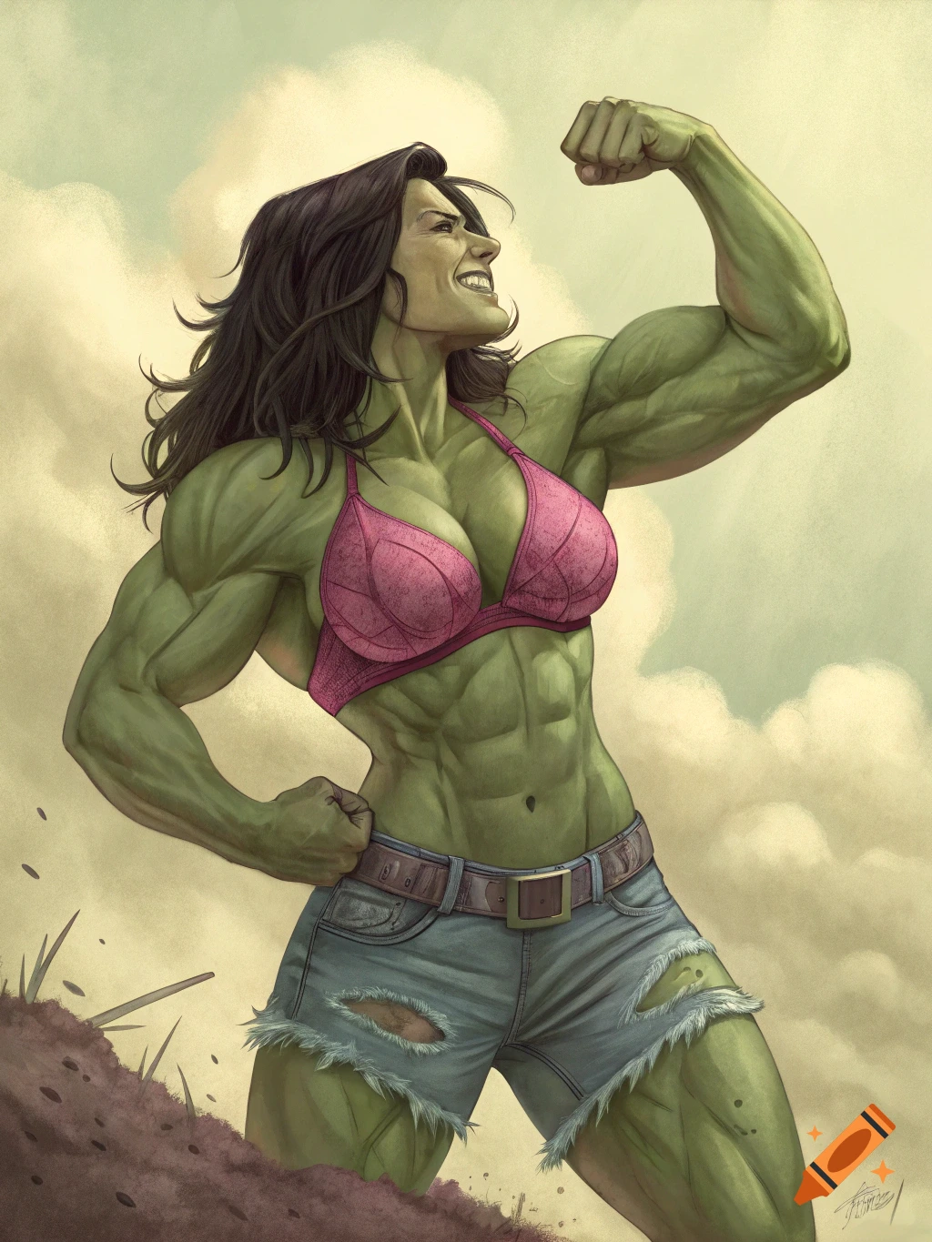 A green-skinned, muscular She-Hulk in a pink bikini top and ripped jean shorts, flexing her ...