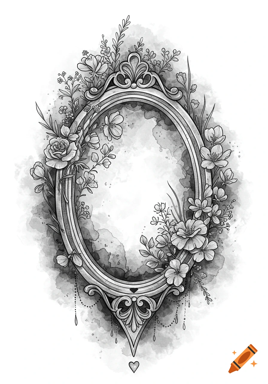 Black and grey gothic vintage oval frame tattoo design with intricate floral arrangement and ...