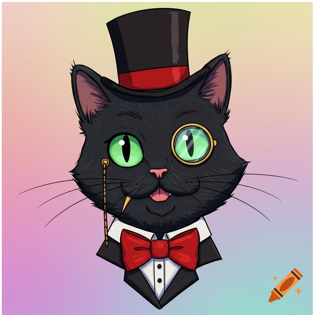 Cartoon black cat with a top hat, monocle, and red bow tie. on Craiyon