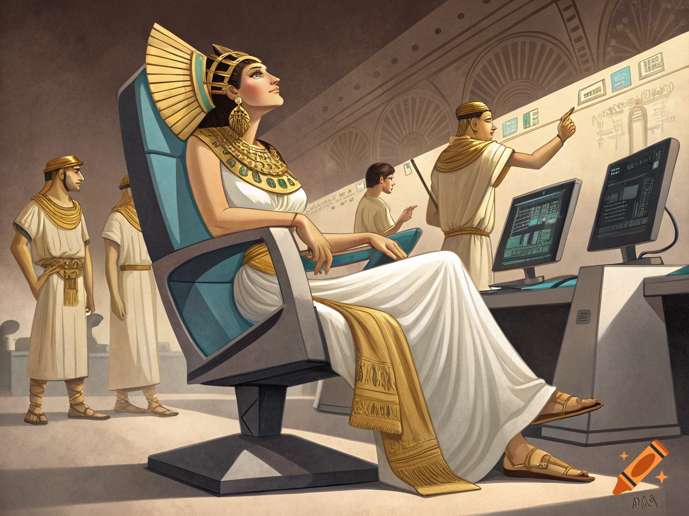 A digital painting of Cleopatra in a modern office chair within an ...