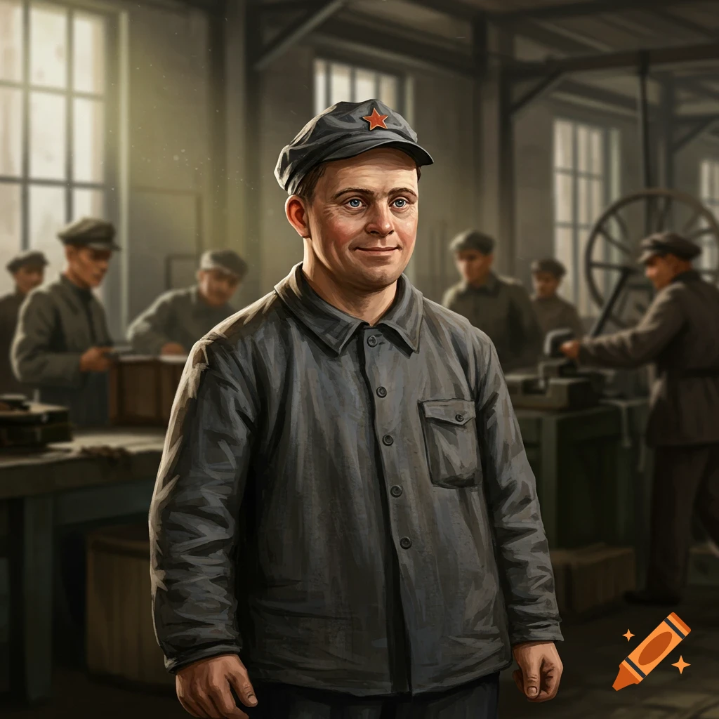 Illustration of a man in a Soviet-era cap and work clothes standing in ...