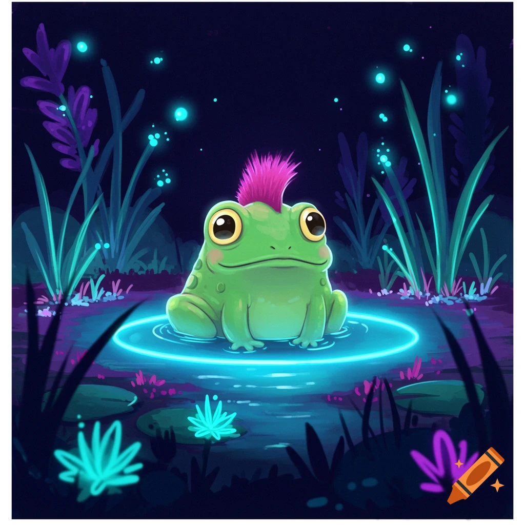 A cute green frog with a pink mohawk sits in a neon blue pond at night ...
