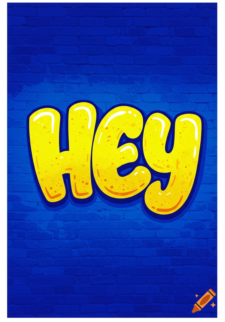 Bold yellow bubble letters spelling 'HEY' against a textured blue brick ...