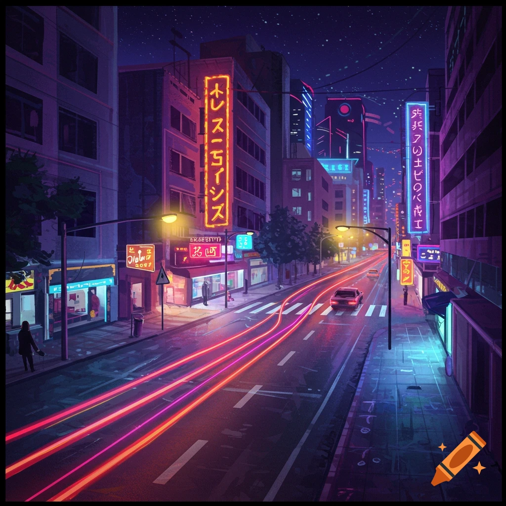 A vibrant cyberpunk city street at night with neon signs and glowing ...