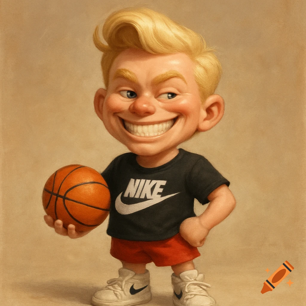 A cartoon boy with blonde hair, a big smirk, wearing a Nike shirt, red ...