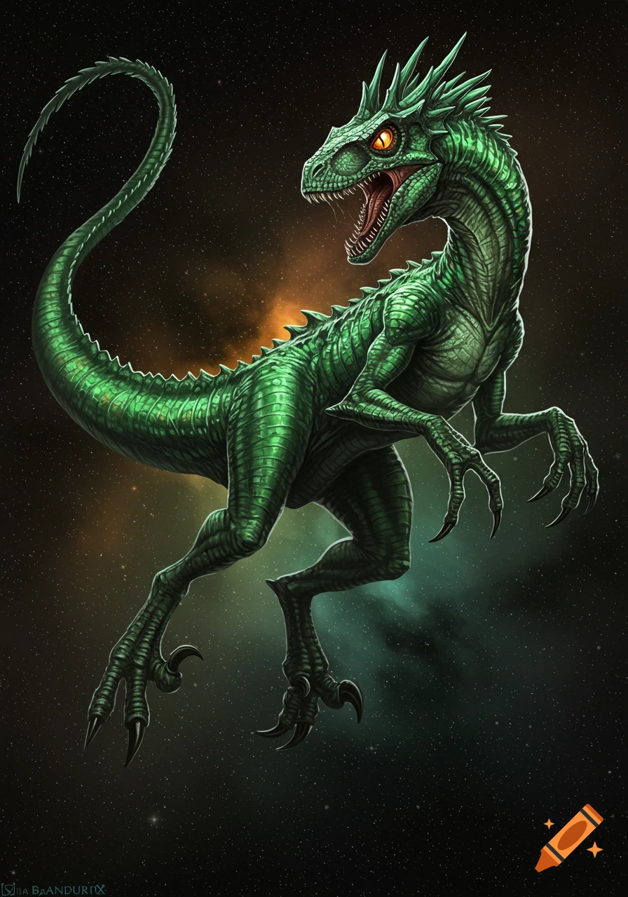 A vibrant green raptor-like alien creature with sharp claws and glowing ...