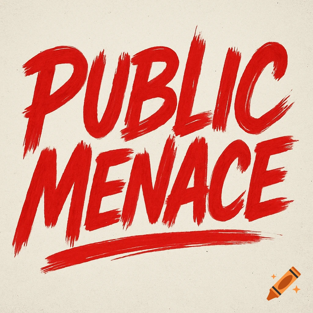 Red brush stroke text reading PUBLIC MENACE with a line underneath. on ...