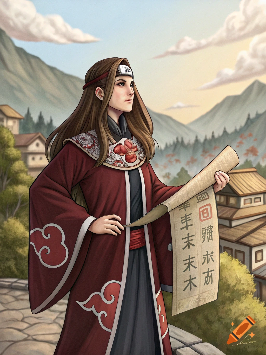 Woman in red robe with Akatsuki clouds and headband holds scroll in a ...