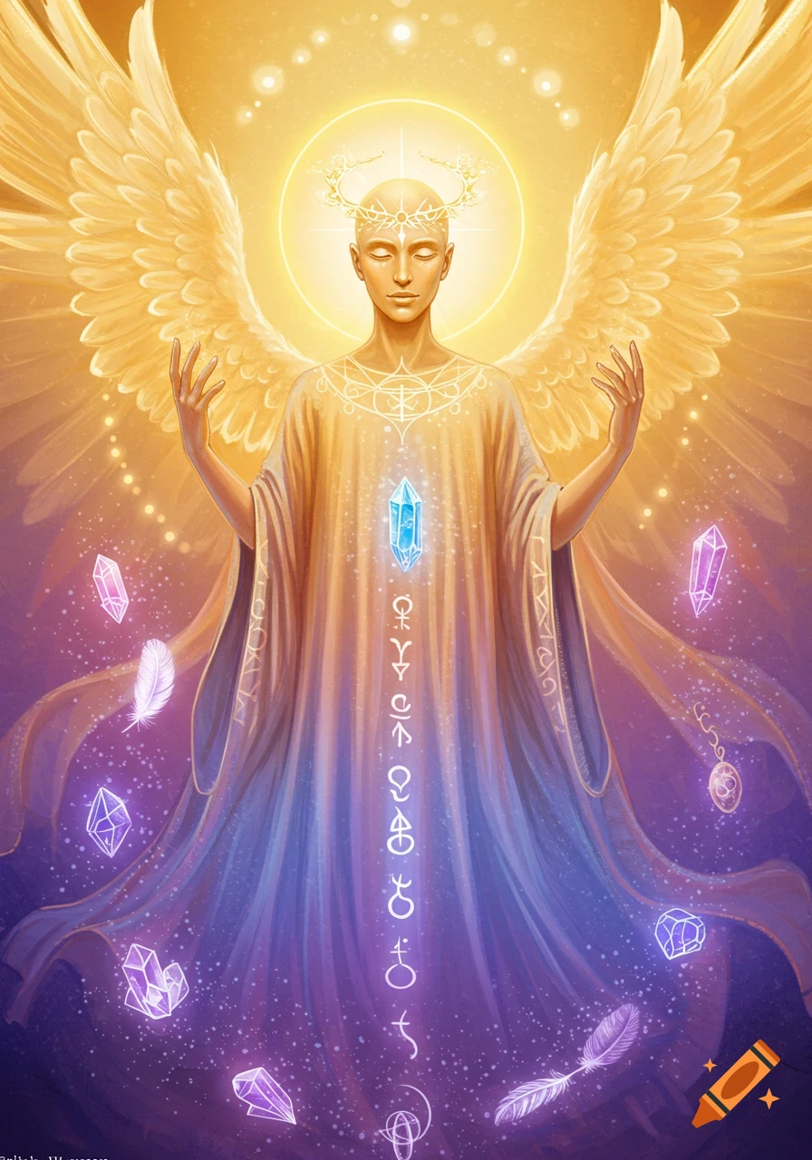 A luminous, bald angel figure with golden wings and a halo, wearing ...