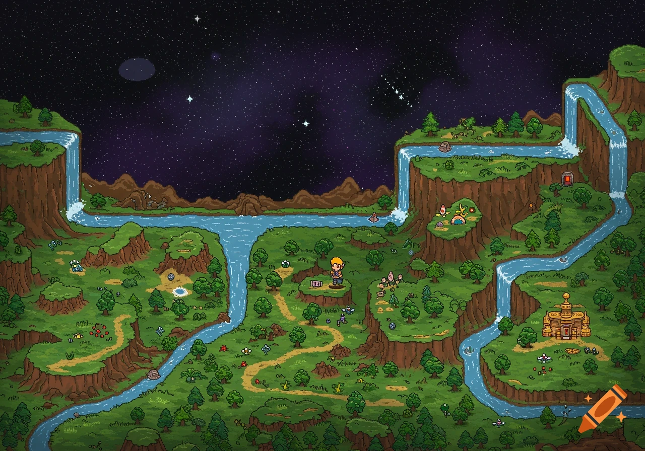 A pixel art overhead map of a green landscape with rivers, waterfalls ...