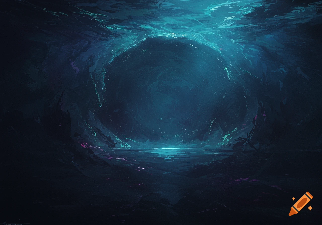 Abstract digital painting of a deep blue abyss with light emanating ...