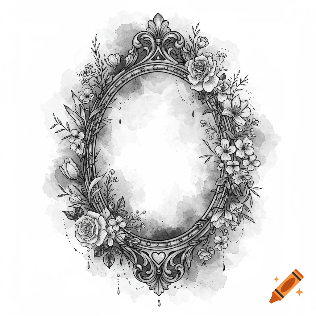 A black and white gothic oval frame with ornate details, a tiny heart ...