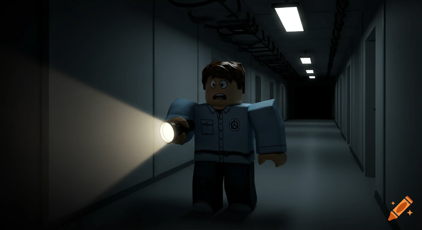 A Roblox character, an SCP worker, looks scared while exploring a dark ...