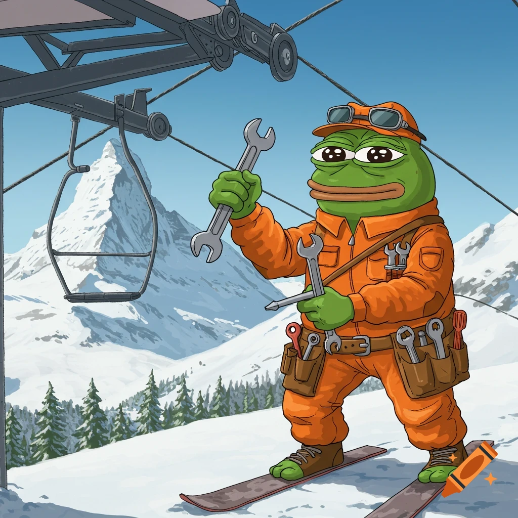 Pepe the frog as a ski lift mechanic, holding wrenches and standing on ...