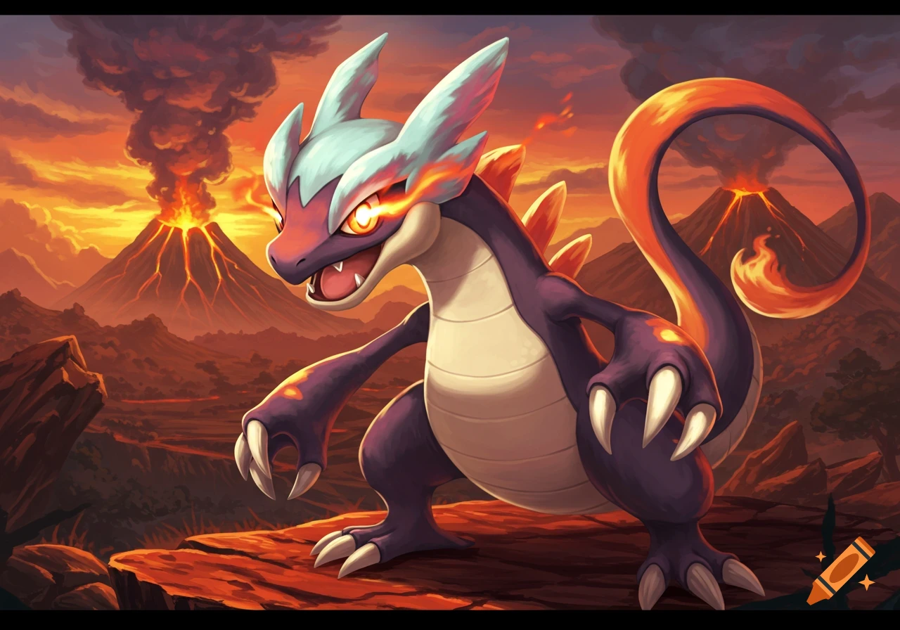 A purple and white fire lizard creature with glowing orange eyes stands ...