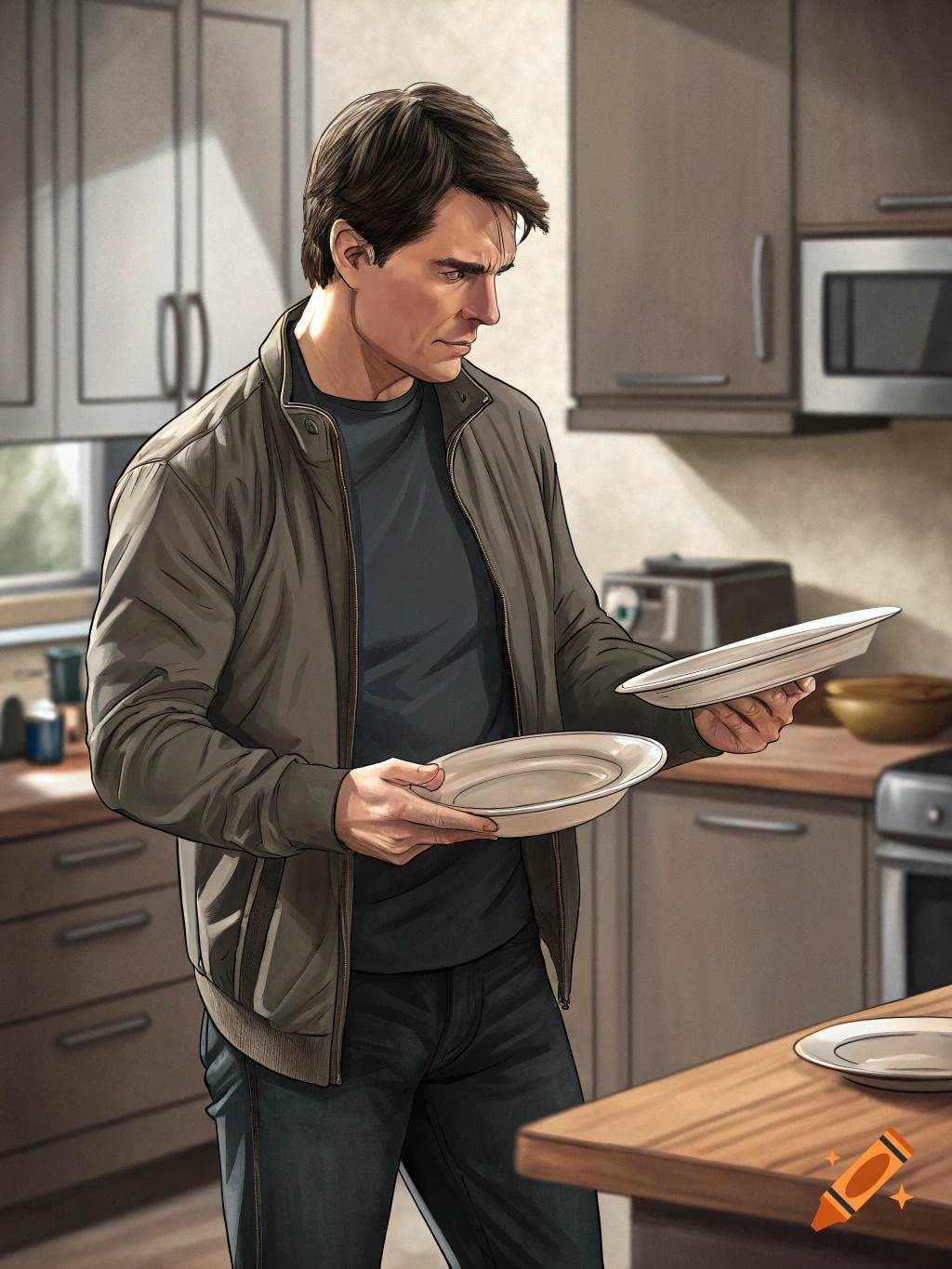 An illustrated man resembling Tom Cruise stands in a kitchen, holding ...