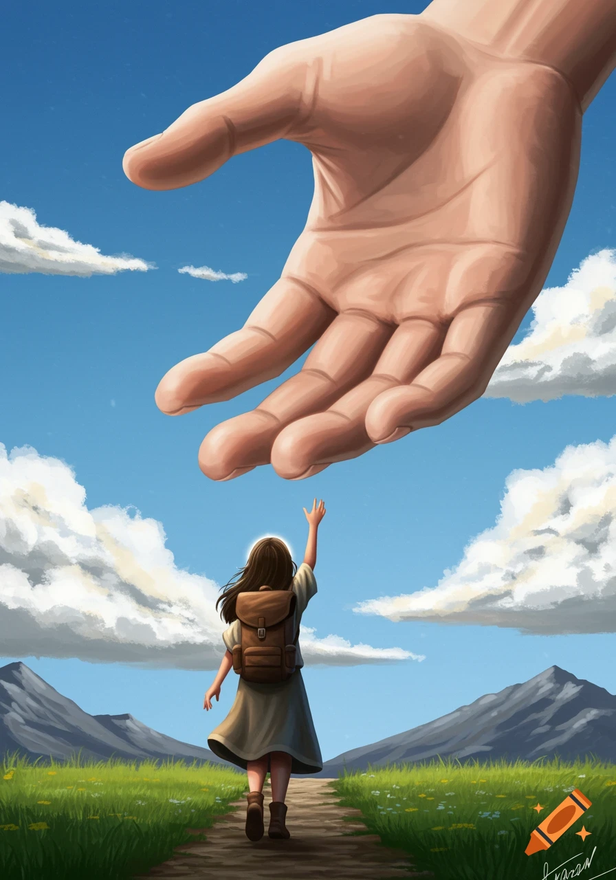 Girl reaching up to a giant hand from the sky while walking on a path ...