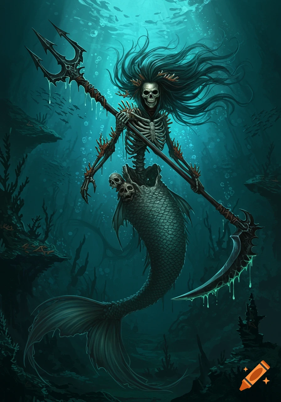 Skeletal mermaid grim reaper holds a trident-scythe weapon underwater ...