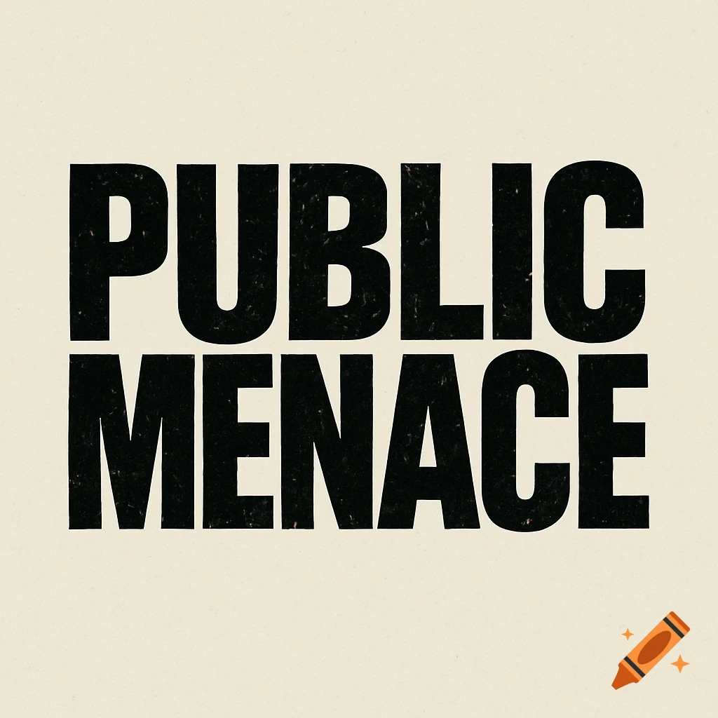 Black text PUBLIC MENACE on a cream background with a textured effect ...