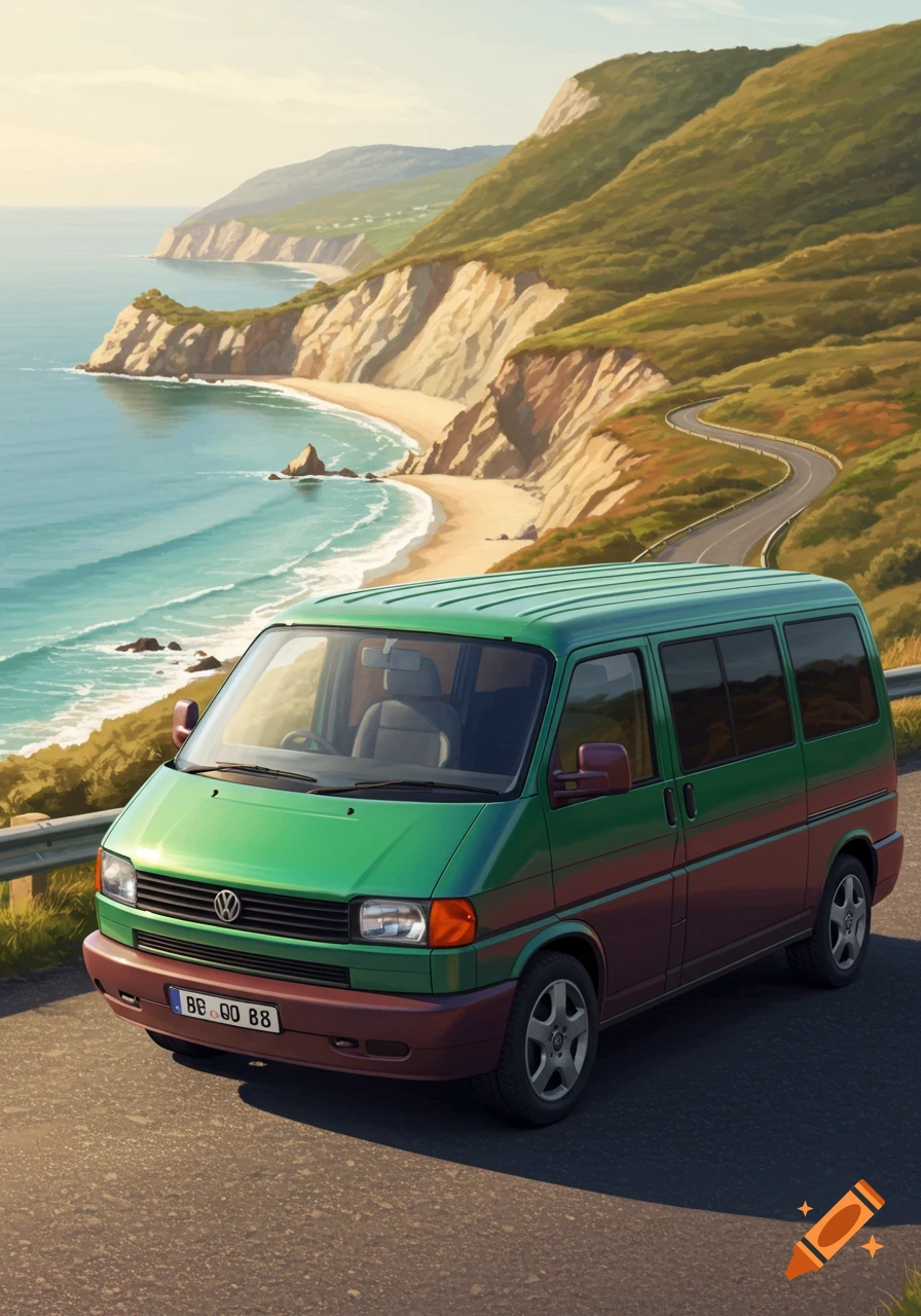 A green and maroon Volkswagen T4 van parked on a coastal road ...